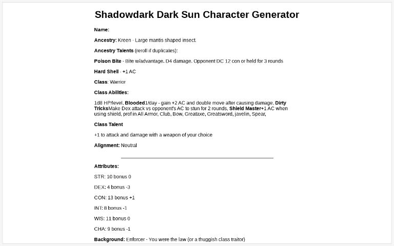 Shadowdark Dark Sun Character Generator