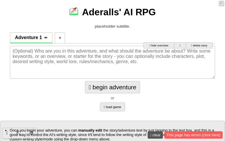 Aderalls' AI RPG - Text Adventure ― Perchance Generator