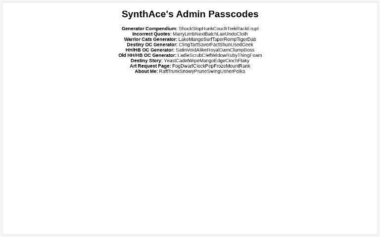 SynthAce's Admin Passcodes ― Perchance Generator