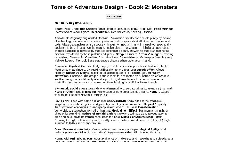 Tome of Adventure Design - Book 2: Monsters ― Perchance Generator