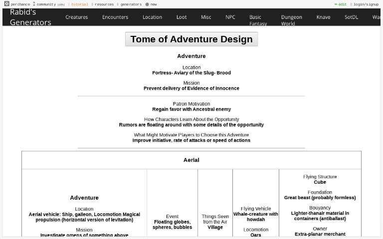 Tome of Adventure Design ― Perchance Generator