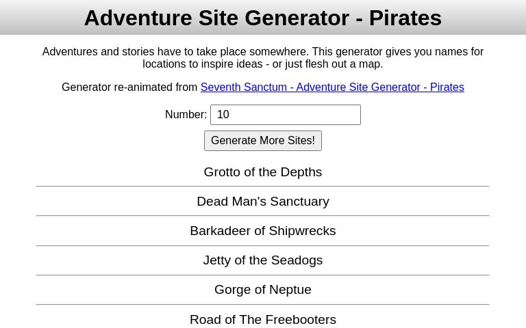 Adventure Site Generator - Pirates - Re-animated from Seventh Sanctum