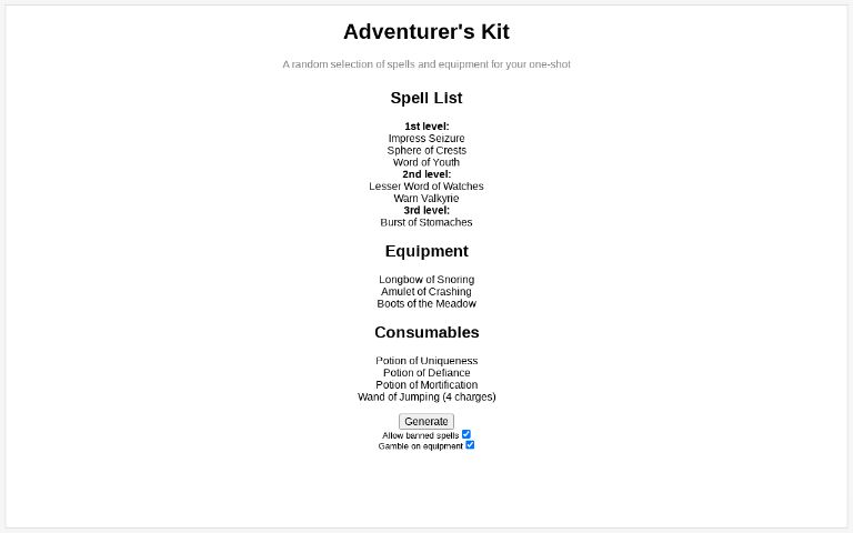 Adventurer's Kit ― Perchance Generator