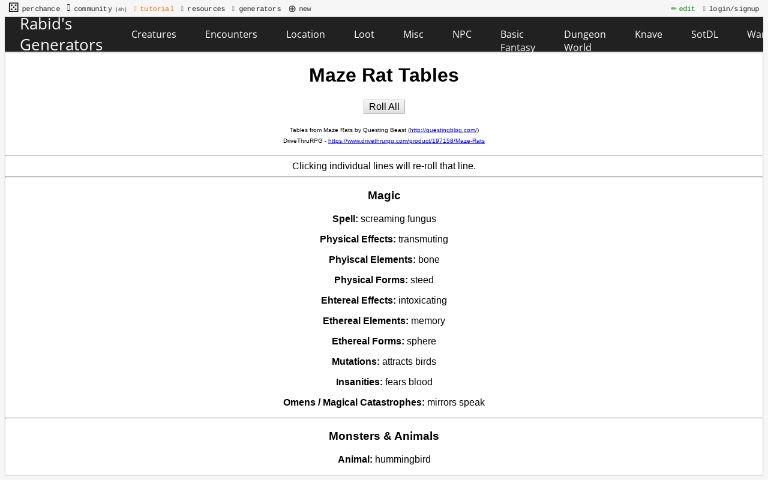 Maze Rat Tables ― Perchance Generator