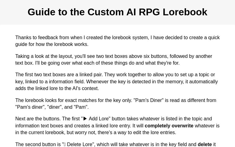 Guide to the Custom AI RPG Lorebook ― Perchance Generator