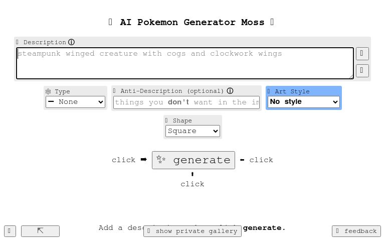 AI Pokemon Generator Moss (free, no sign-up, unlimited)