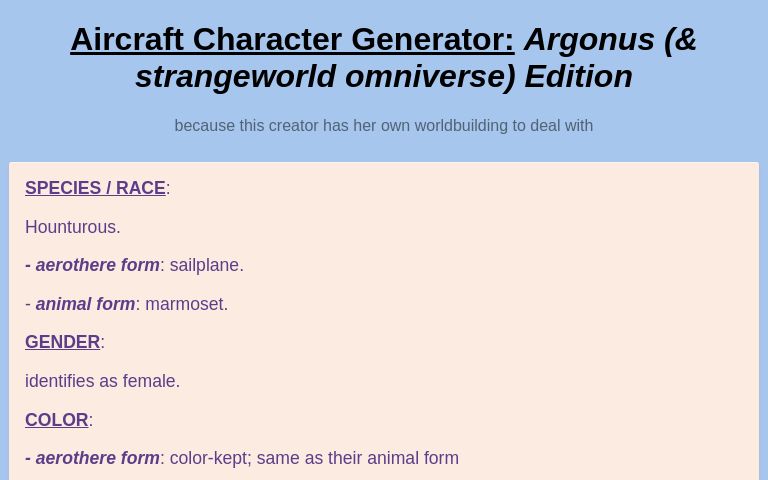 Aircraft Character Generator: Argonus (& strangeworld omniverse) Edition