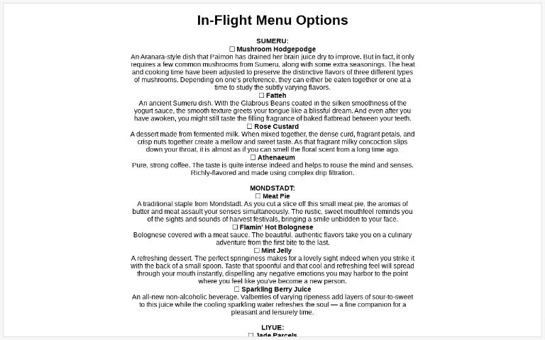 In-Flight Menu Options ― Perchance Generator