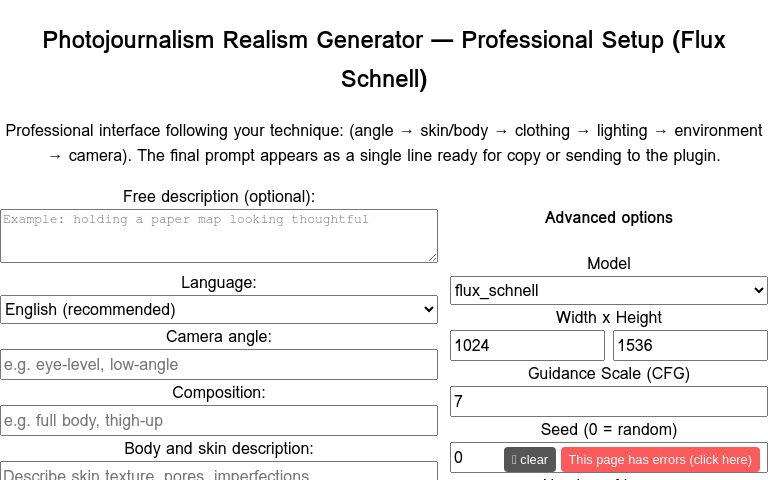 Photojournalism Realism Generator — Professional Setup (Flux Schnell)