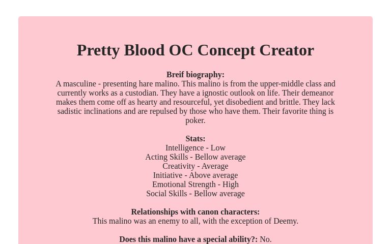Pretty Blood OC Concept Creator ― Perchance Generator