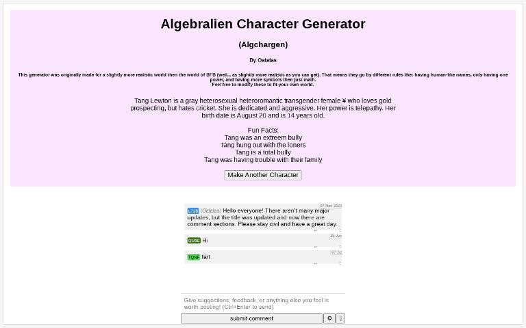 Algebralien Character Generator