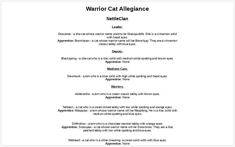 Warrior Cat Allegiance ― Perchance Generator