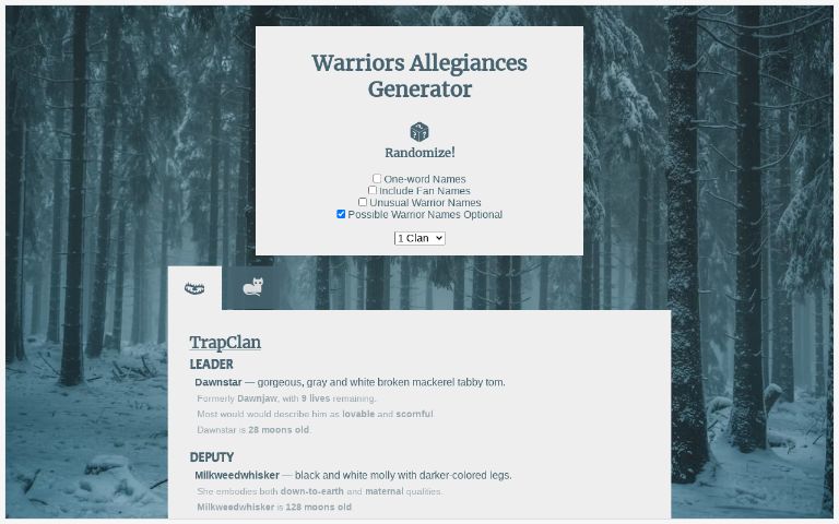 Warriors Allegiances Generator