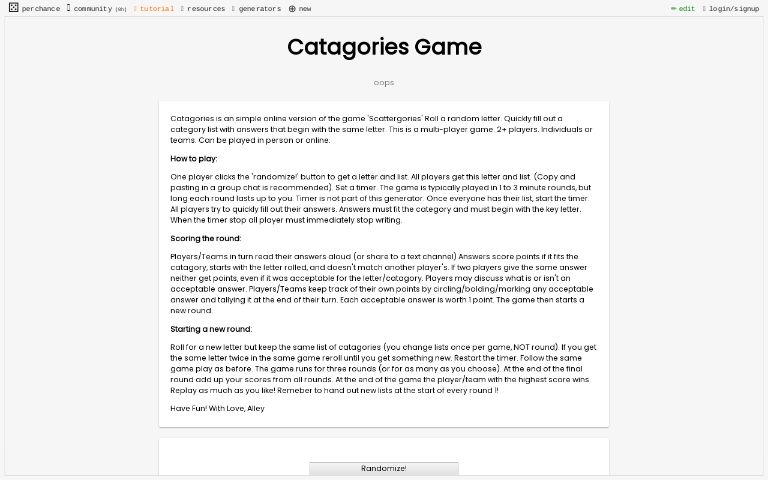 Catagories Game ― Perchance Generator
