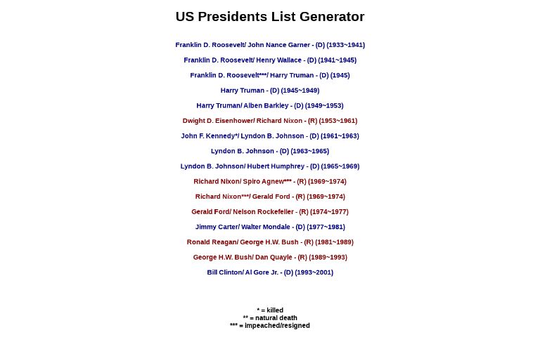 US Presidents List Generator