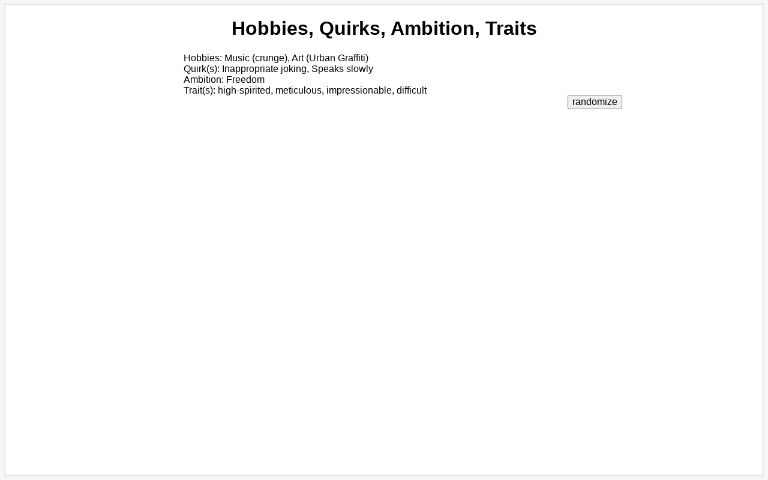 Hobbies, Quirks, Ambition, Traits ― Perchance Generator