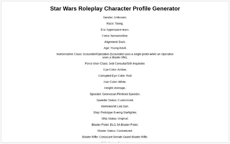 Star Wars Roleplay Character Profile Generator