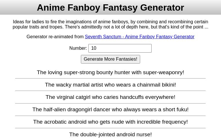 Anime Fanboy Fantasy Generator - Re-animated from Seventh Sanctum