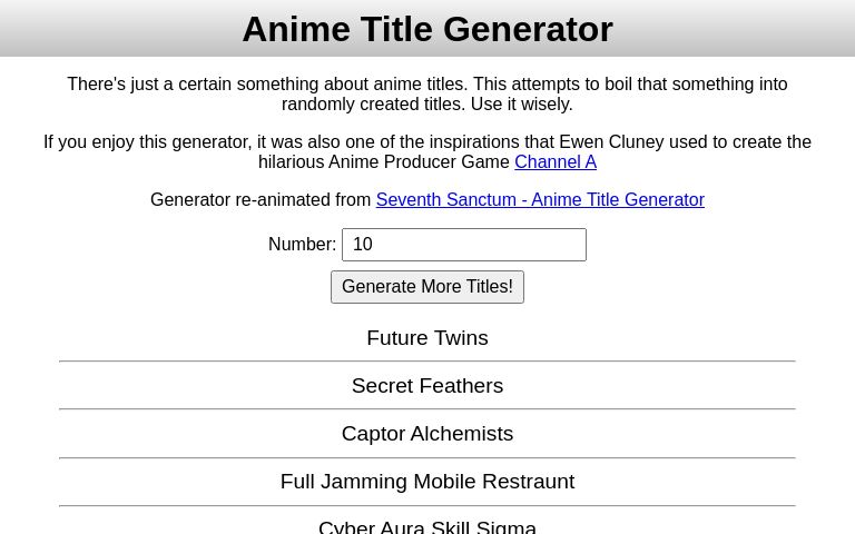 Anime Title Generator - Re-animated from Seventh Sanctum