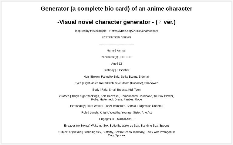 Generator (a complete bio card) of an anime character -Visual novel ...