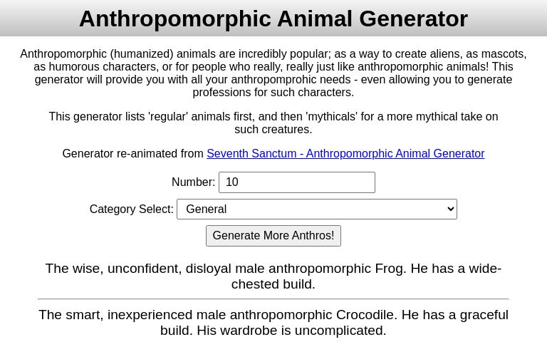 Anthropomorphic Animal Generator - Re-animated from Seventh Sanctum