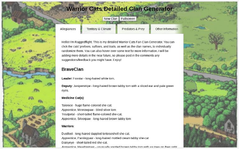 Warrior Cats Detailed Clan Generator
