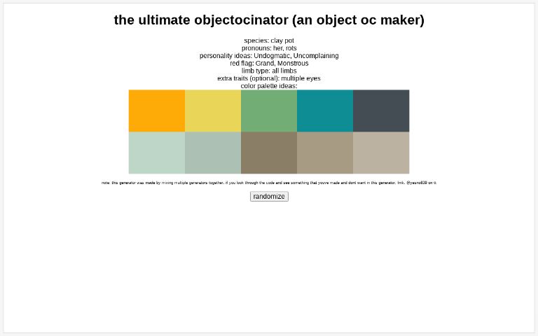 the ultimate objectocinator (an object oc maker) ― Perchance Generator