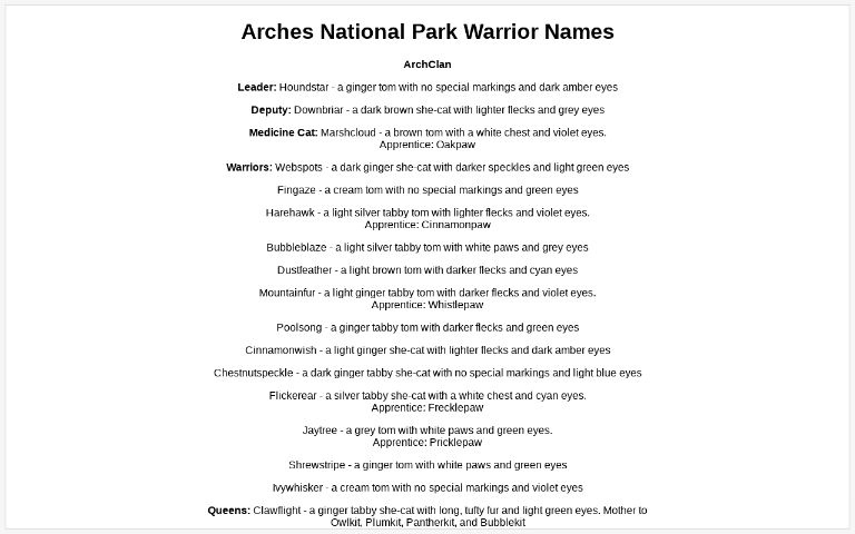 Arches National Park Warrior Names ― Perchance Generator