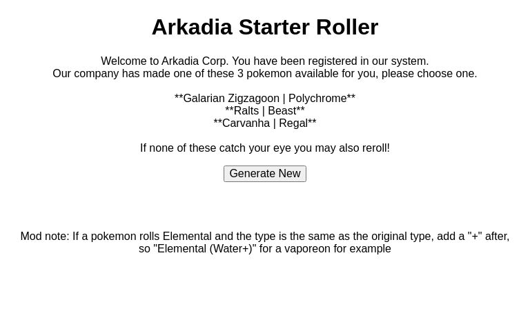 Arkadia Starter Roller ― Perchance Generator