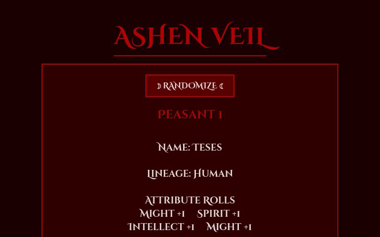 Ashen Veil ― Perchance Generator