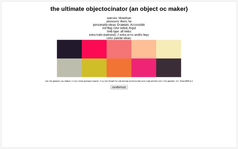 the ultimate objectocinator (an object oc maker) ― Perchance Generator