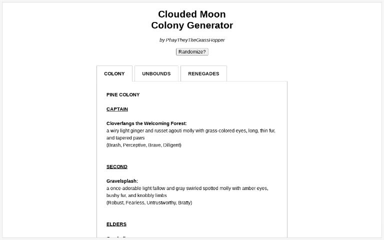 Clouded Moon Colony Generator