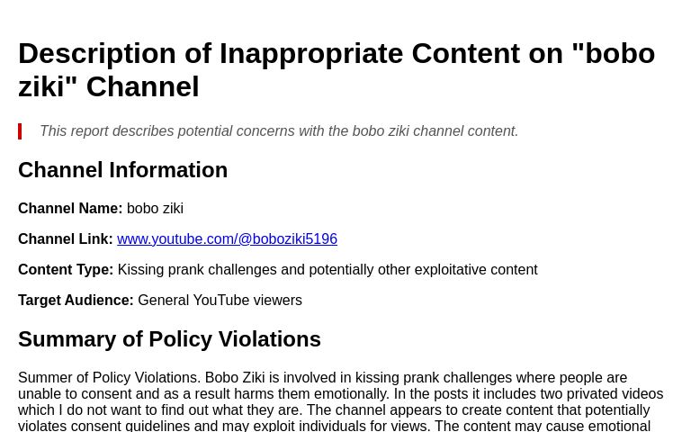 Description of Inappropriate Content on "bobo ziki" Channel ― Perchance ...