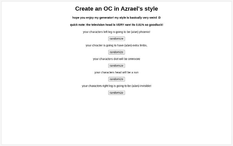 Create an OC in Azrael's style ― Perchance Generator