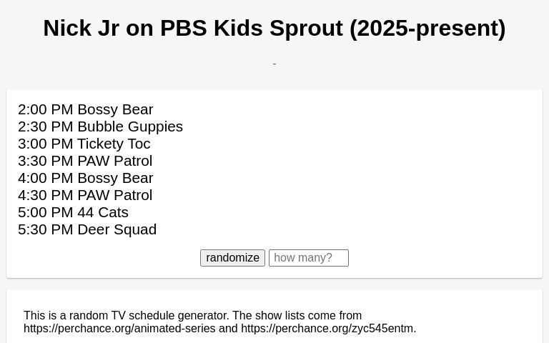 Nick Jr on PBS Kids Sprout (2025-present) ― Perchance Generator