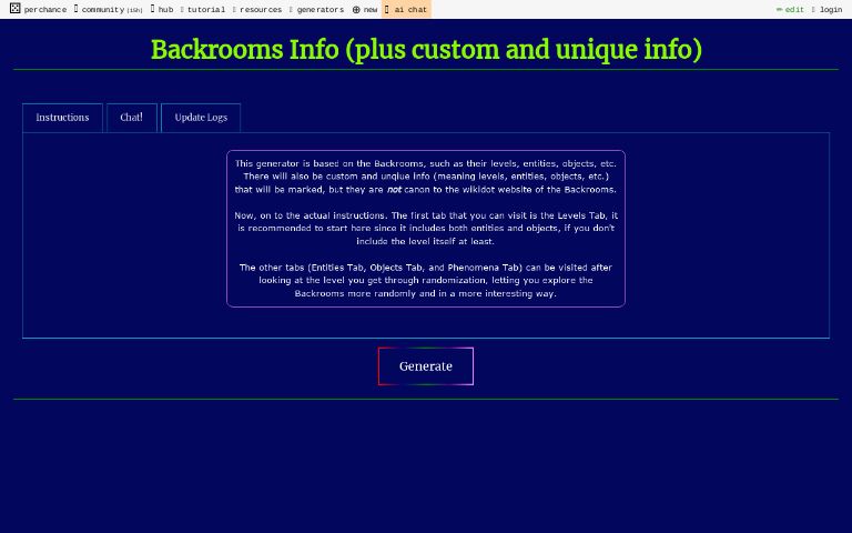 Backrooms Info (plus custom and unique info) ― Perchance Generator