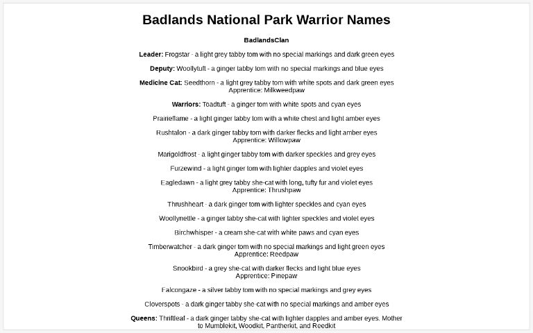 Badlands National Park Warrior Names ― Perchance Generator