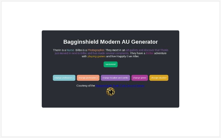 Bagginshield Modern AU Generator