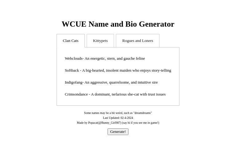 WCUE Name and Bio Generator