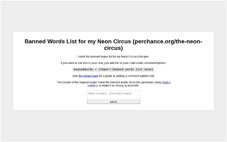 Banned Words List for my Neon Circus (perchance.org/the-neon-circus ...