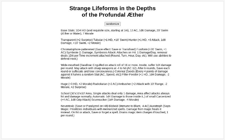 Strange Lifeforms in the Depths of the Profundal Æther ― Perchance Generator