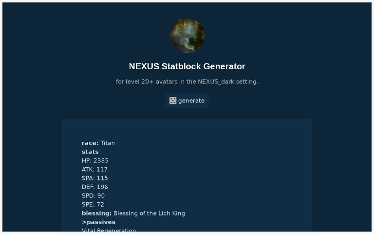 NEXUS Statblock Generator