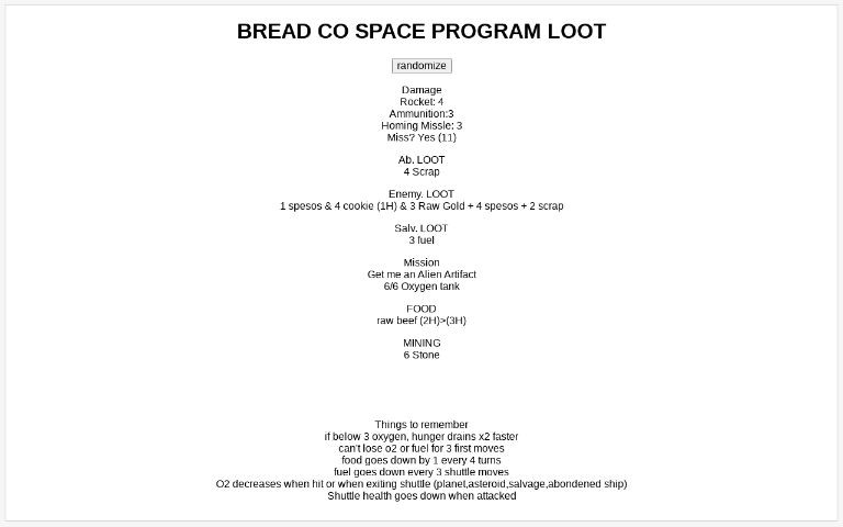 BREAD CO SPACE PROGRAM LOOT ― Perchance Generator