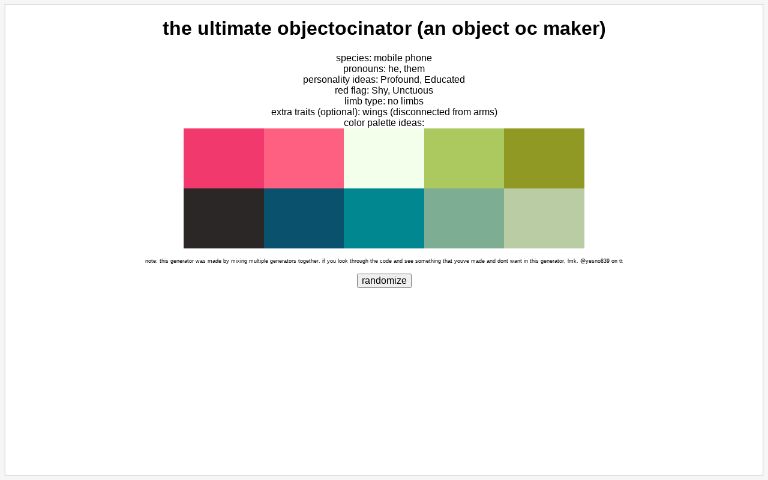the ultimate objectocinator (an object oc maker) ― Perchance Generator