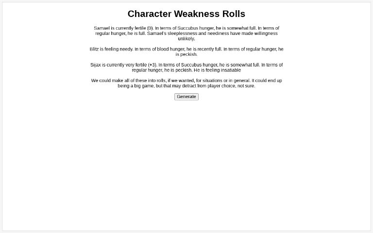 Character Weakness Rolls ― Perchance Generator