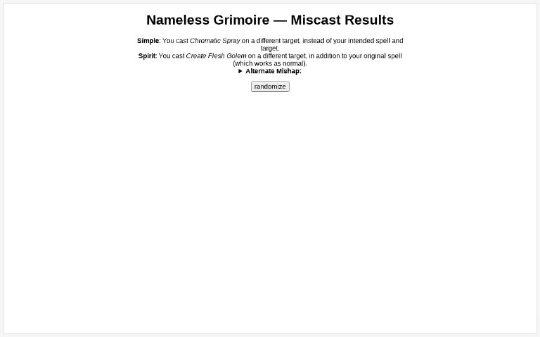 Nameless Grimoire — Miscast Results ― Perchance Generator