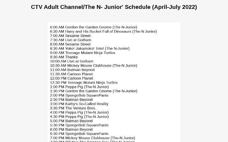 CTV Adult Channel/The N- Junior' Schedule (April-July 2022) ― Perchance ...
