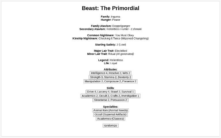 Beast: The Primordial ― Perchance Generator