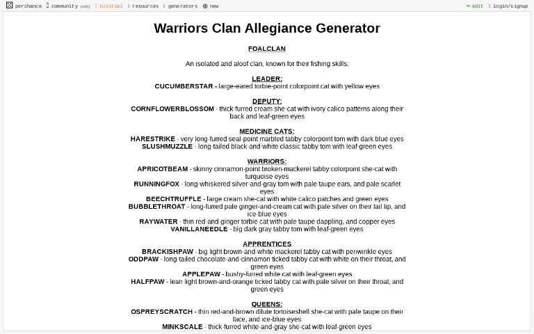 Warriors Clan Allegiance Generator