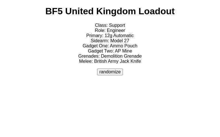 BF5 United Kingdom Loadout ― Perchance Generator